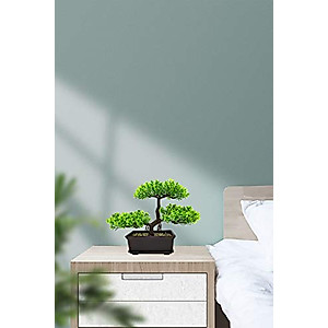 Rozwkeo Artificial Bonsai Tree, Small Pine, 11.4x8.6in, Plastic, Green, Decor, All Seasons, Pot