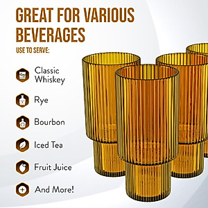 American Atelier Vintage Art Deco Fluted Drinking Glasses | Ribbed Glassware for Cocktail, Gin, Whiskey, & More | Modern Glassware | Lowball Fluted Cocktail Glasses | Set of 4 (11 oz, Amber)