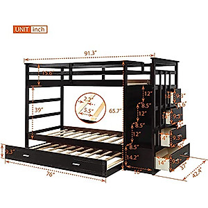 ATH-S Solid Wood Bunk Bed Frame No Box Spring Needed with Guardrails, Ladder and Storage Stairs for and Teens Platform, Twin Over Full, Gray (Color : Espresso with Hiden Drawers)