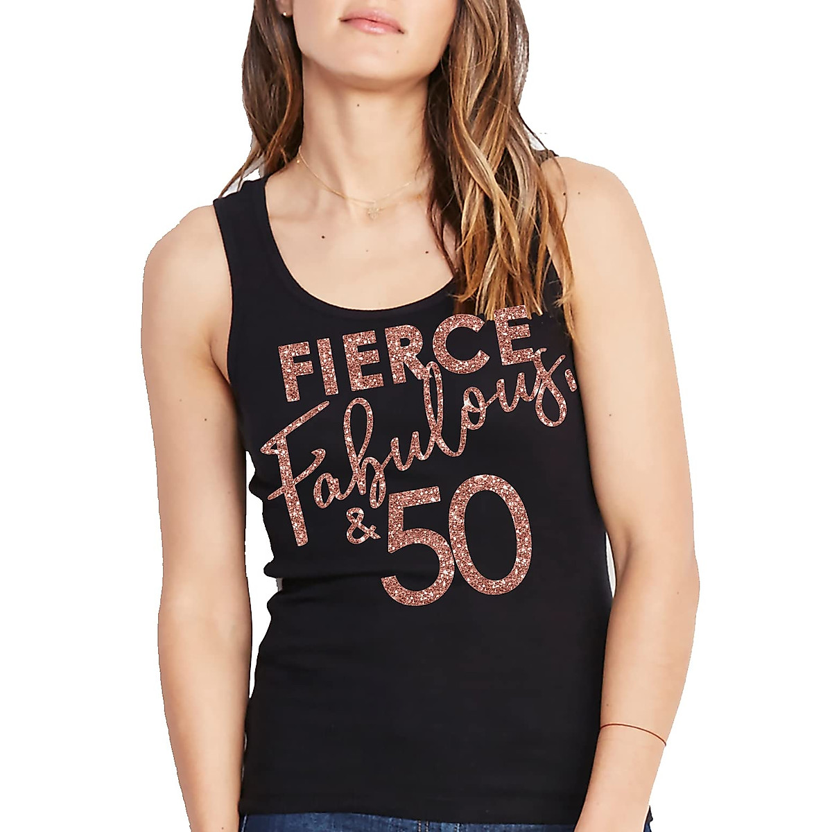 RhinestoneSash Womens Birthday Shirt - Rose Gold Sparkle Fierce Fabulous & 50 Tank Top - 50th Birthday Party Tanks - X-Large - Black