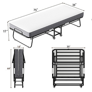 RAOGIE Folding Bed with Mattress, 75''x38'' Twin Size Rollaway Bed with Upgraded Rugged Frame, Guest Bed Portable Foldable Bed for Adults, Space-Saving Fold up Bed