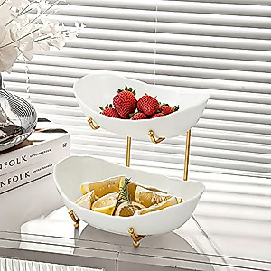 HOMKULA Fruit Bowl for Kitchen Counter - 2 Tier Ceramic Serving Bowls with Metal Stand, Tiered Fruit Basket for Fruit Vegetable Storage, Snack, Nuts, Cake, Dessert (Gold)