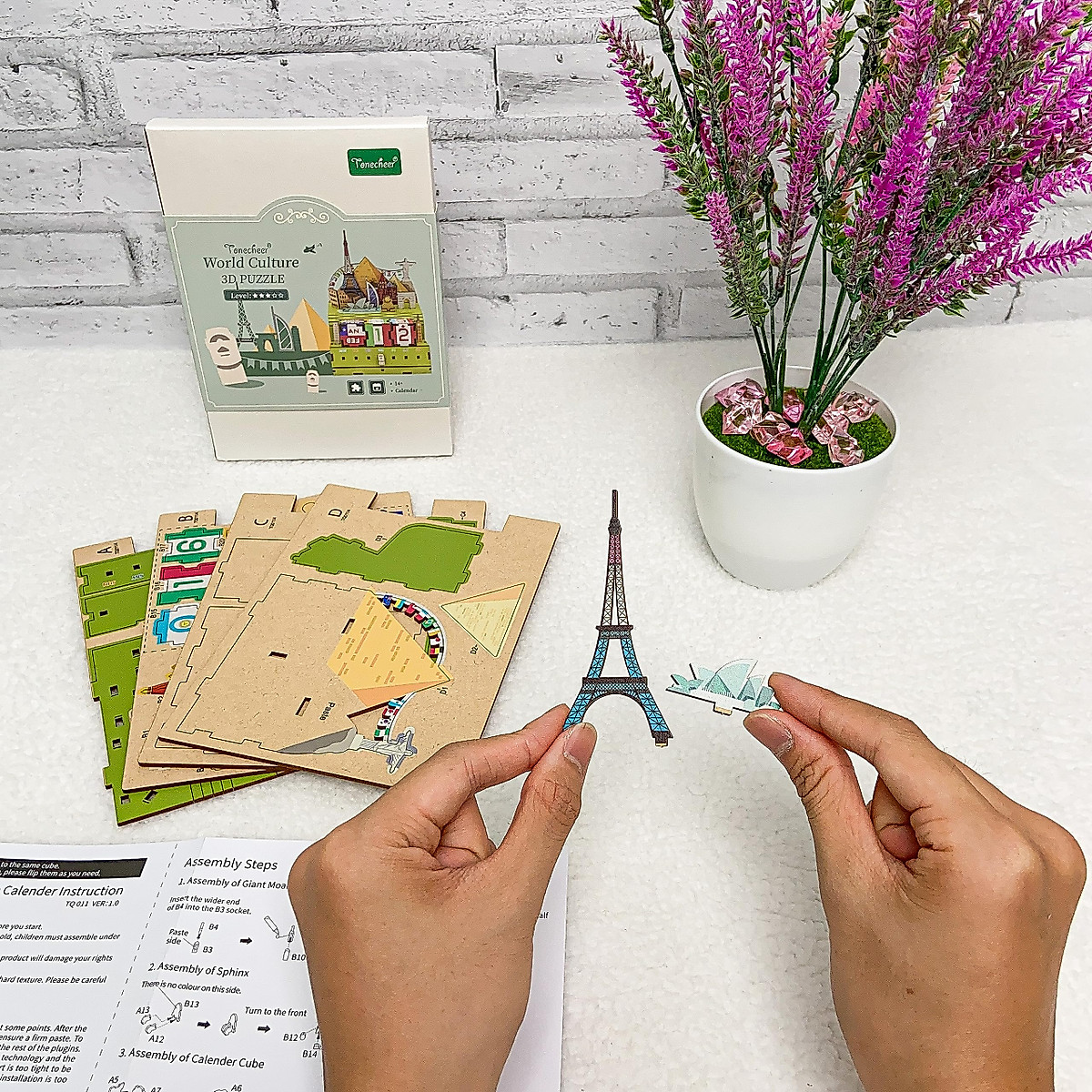 Tonecheer 3D DIY Wooden Yearly Calender, Creative Desk Calender, 3D Puzzle Decorative Calendar, Small Desk Calendar, Table Calendar (World Culture Calendar)