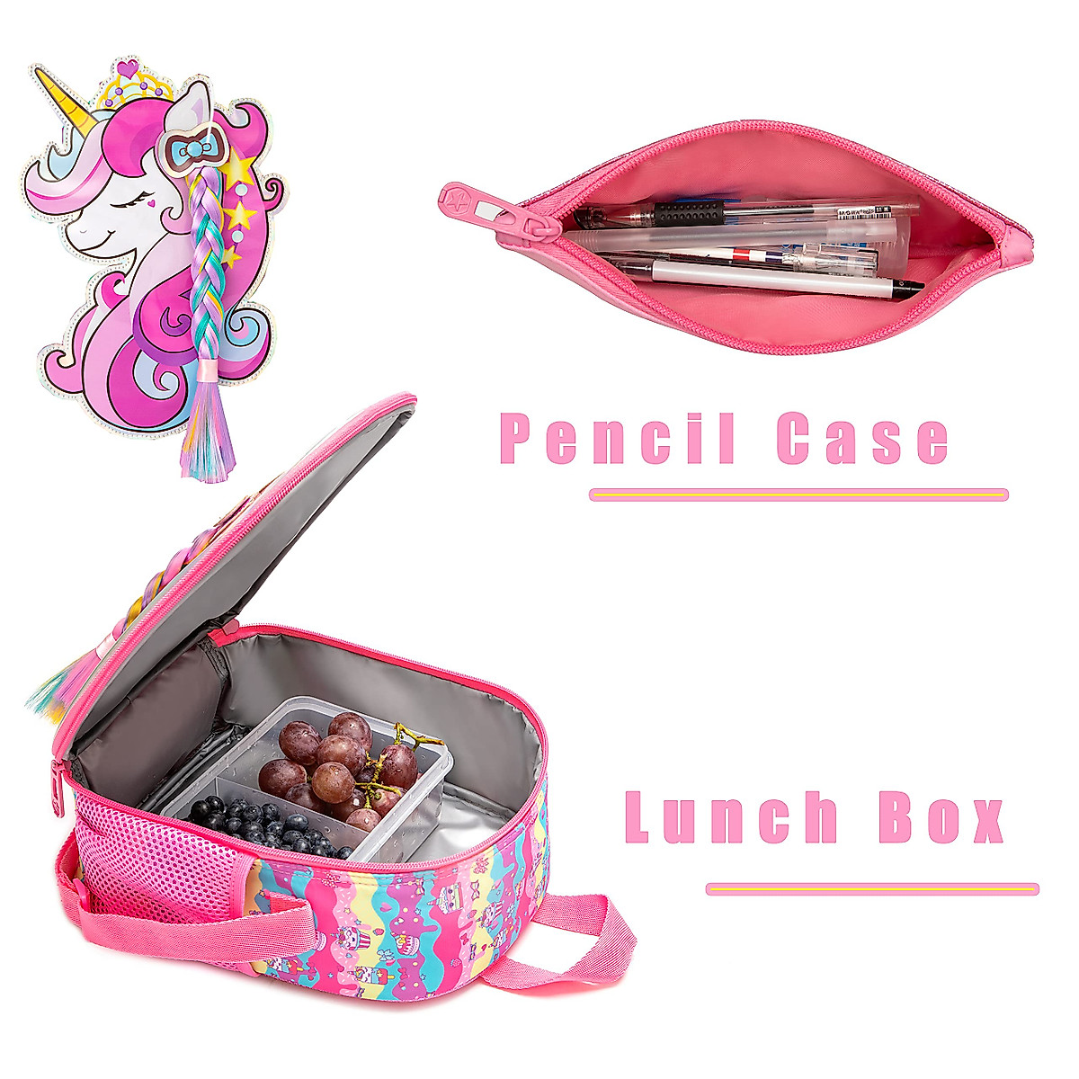 Meetbelify Unicorn Backpack for Girls School Backpacks Kids Cute Bookbag with Lunch Box,Drawstring Bag for Elementary Preschool Students 5 in 1 Pink Backpack Set