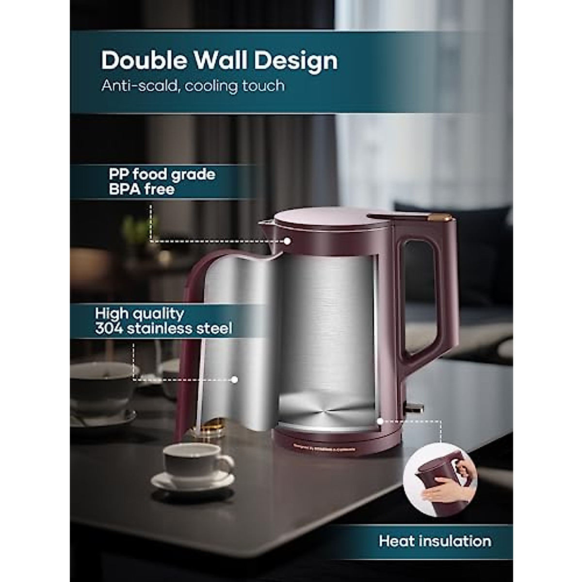 INTASTING Electric Kettle for boiling water Double Wall 100% Stainless Steel Inner 1500W Fast Heating 1.5L Hot Water Boiler Auto Shut-Off & Boil Dry Protection BPA-Free Electric Tea Kettle Red