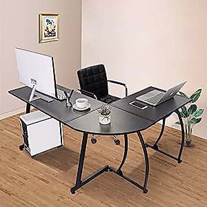 BBBuy L-Shaped Corner Computer Desk Home Office PC Laptop Gaming Workstation with Steel Frame/Stand, Black