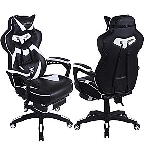 Zeanus Ergonomic Gaming Computer Chair, Recliner Computer Chair with Footrest, Office Gamer Chair with Massage, Big and Tall Racing Chair, Gaming Chairs for Adults, High Back Gaming Desk Chair White