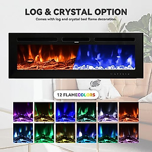 50 Inch Electric Fireplace Wall Mounted Linear LED Flame Fireplace with Remote Control,Timer,Touch Screen,Multicolor Flames,750/1500W Recessed in Wall Fireplace Heater for Living Room