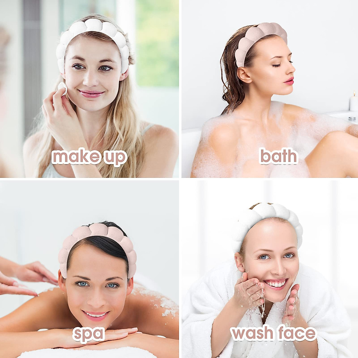 Sponge Spa Headband for Women, Spa Terry Towel Cloth Fabric Head Band with 2PCS Wrist Washband, Soft & Absorbent Material Hair Accessories for Face Washing Shower Skincare Makeup Removal Facial Mask (Pink,White)