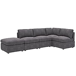 FDW L Shaped Couch Convertible 4-Seat Sofa with Ottoman for Living Room Bedroom Office, Dark Gray