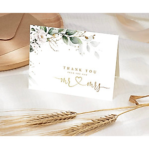 AMNADOF 100 Wedding Thank You Cards with Envelopes & Stickers | Bulk Mr and Mrs Thank You Notes Blank on the Inside | Greenery & Gold Foil Thank You From the New Mr & Mrs.