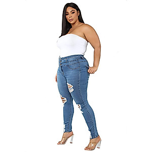 ALLABREVE Women's Plus Size Stretch Skinny Ripped Jeans, 3 Button Hight Rise Slim Fit Washed Denim Jegging, Girlfriend Distressed Tight Jean Pants (Dark Blue, 2XL)