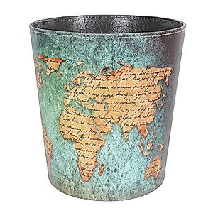 jojofuny Waste Bucket Rubbish Storage Bin Leather Trash Can World Map Design Vintage Waste Paper Basket Garbage Container Bin for Bathroom Kitchen Living Room Bedroom Office Trash Bin Waste Container