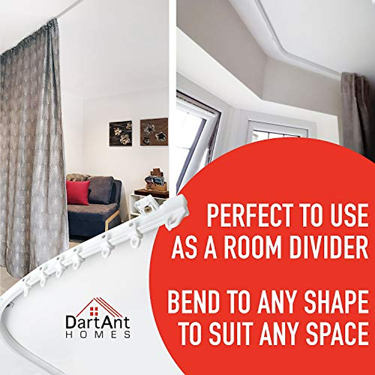 DartAnt - Heavy Duty Flexible Curtain Track 10ft (3.05m) Ceiling Mount Room Divider Track, Curved Rods for shower Curtains, RV Camper curtain privacy