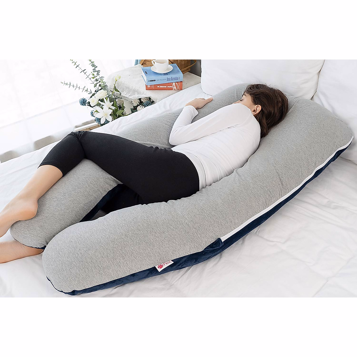 Meiz Pregnancy Pillow, Cooling Pregnancy Pillows for Sleeping, Full Body Pregnancy Pillow with Reversible Cooling Jersey Cover & Velvet Cover, Blue & Grey