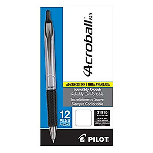 PILOT Acroball Pro Advanced Ink Refillable & Retractable Ball Point Pens, Medium Point, Black Ink, 12-Pack (31910)