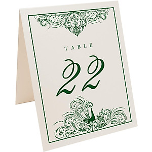 Peacock Flourish Wedding Table Numbers (Select Color/Quantity), Champagne, Hunter Green, 1-15, Double Sided, Tent or Use in a Stand, Great for Parties & Restaurants