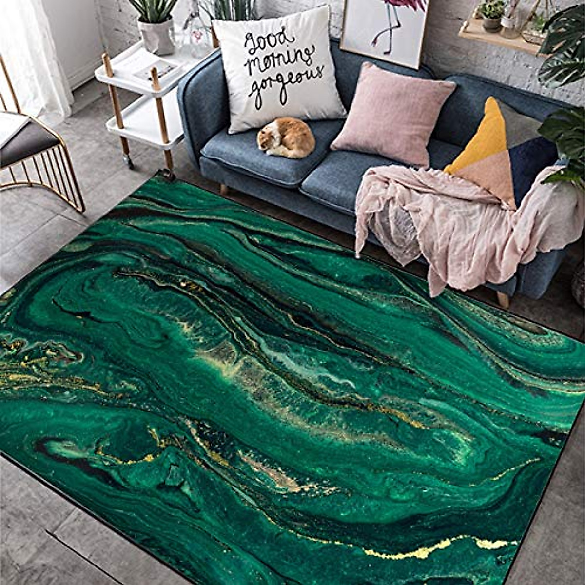 Emerald Green Gold Abstract Modern Area Rugs 4x6 Marble Pattern Hunter Carpets Rugs for Living Room Bedroom Dining Room Retro Accent Home Office Floor Rugs Indoor Non-Slip Kicthen Laundry Room Rug