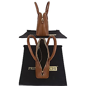 PRIMO SACCHI Italian Textured Dark Tan Leather Bowling Style Tote Grab Shoulder Bag Handbag Purse