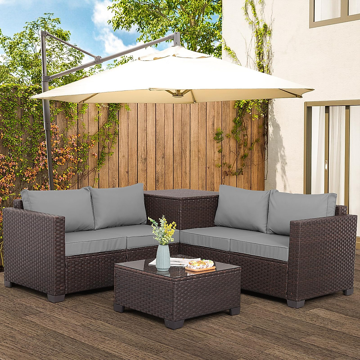 Valita Patio Furniture Set 4 Pieces Outdoor Brown Rattan Sectional Conversation Sofa Chair, Storage Box, Coffee Table,with No-Slip Cushions and Waterproof Covers, Grey