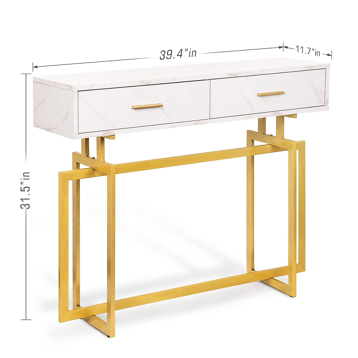 3imothrix Console Table with 2 Drawers, 39.37" Narrow Entryway Table Sofa Table for Hallway, Entrance Hall, Foyer, Corridor, Living Room, Faux Marble, Gold Base