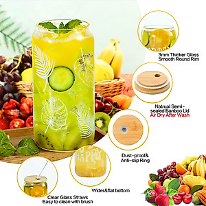 veecom Glass Cups with Lids and Straws, 4pcs Set Boho Printed Drinking Glasses with Bamboo Lids, 16oz Iced Coffee Cup with Lids, Cute Glass Coffee Cups Tumbler for Coffee, Smoothie, Boba