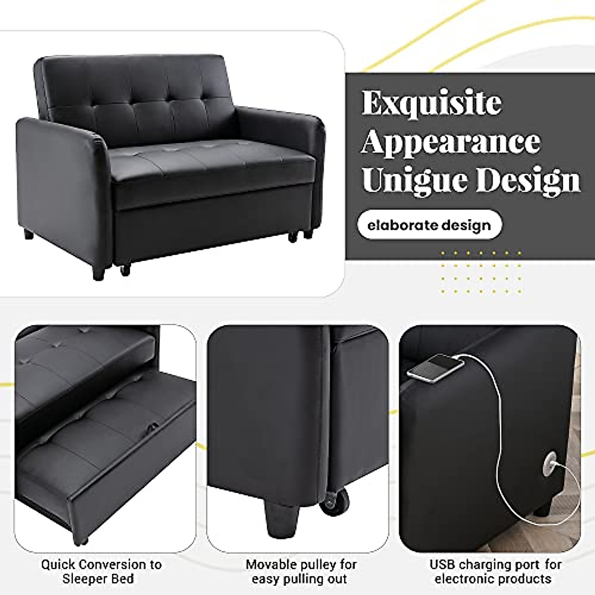 ERYE Black Pu Leather Tufted USB Ports, Twin