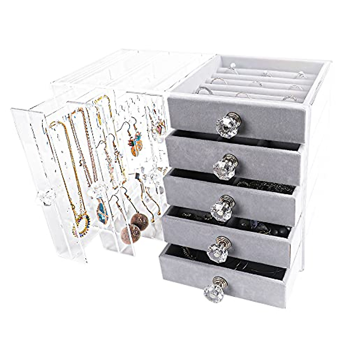 Frebeauty Acrylic Jewelry Box Clear Earring Organizer Storage Boxes,Necklace Hanging with 5 Removable Velvet Drawers Large Jewelry Display Case for Stud Rings Bracelets for Gift,(Grey)