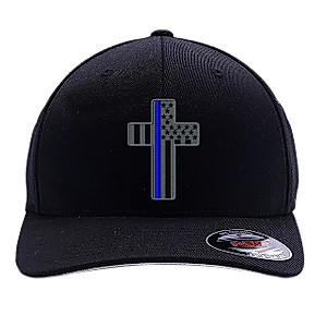 Firefighter Thin Red line Hereos Cross/Thin Blue line Heroes Cross American Flag Custom Embroidered Flexfit Hat (Black, L/XL)