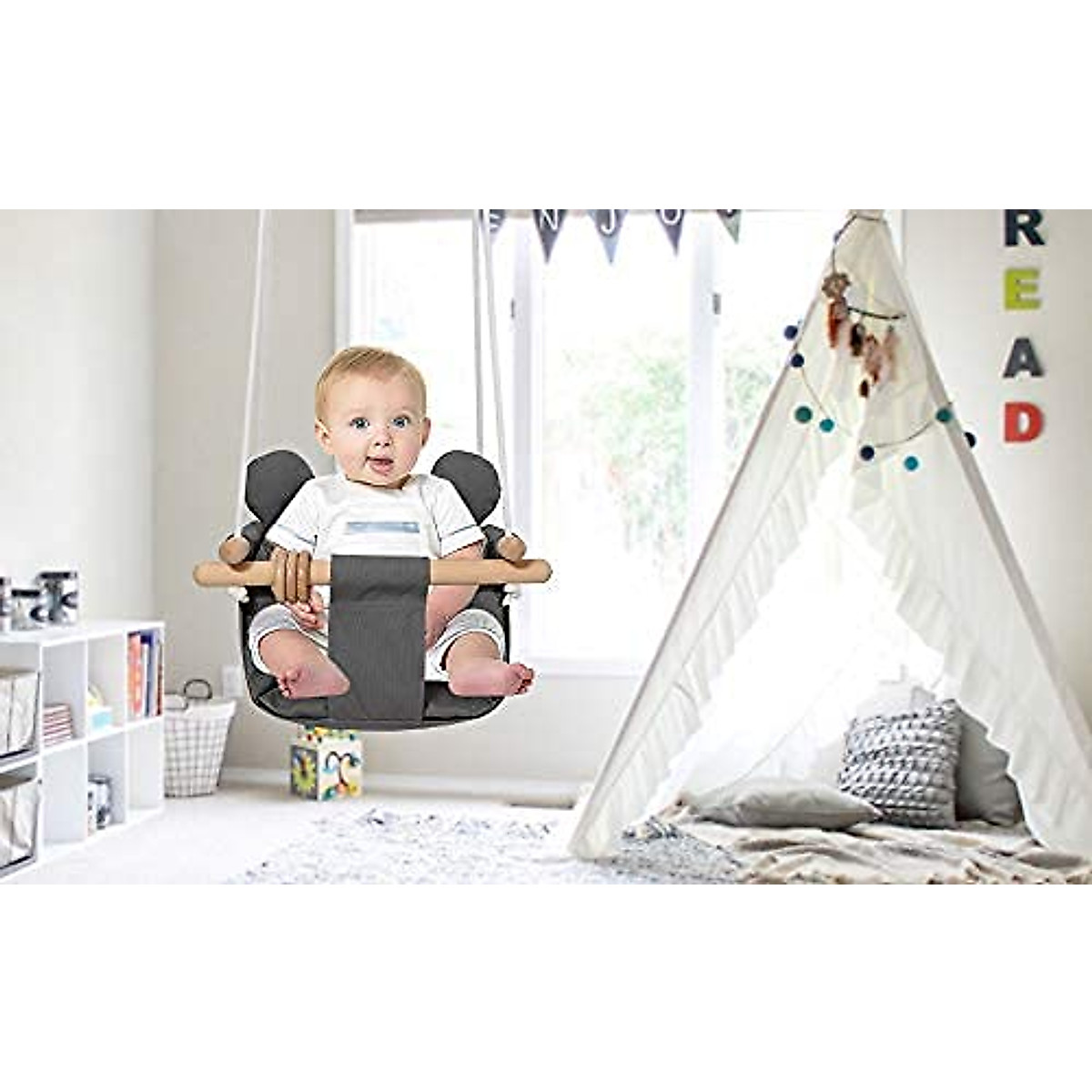 Mlian Secure Canvas and Wooden Baby Hanging Swing Seat Chair Indoor and Outdoor Hammock Backyard Outside Swing Kids Toys Swings 6-36 Months with Ear Décor Cushion and Natural Wooden Ring, Grey