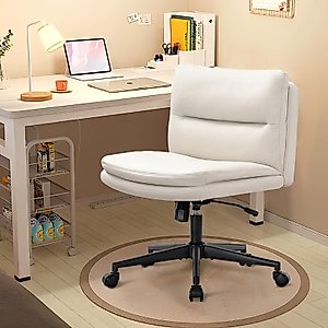 YASHFU Armless Leather Wide Office Desk Chair with Wheels: Cute Criss Cross Chair with Wheels, Leather Comfy Adjustable Swivel Computer Task Chairs for Home, Office,Make Up,Bed Room (Beige)