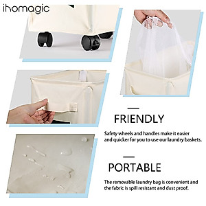 IHOMAGIC 62L Laundry Baskets on Wheels – Decorative Foldable Laundry Hamper with Removable Mesh Laundry Bags, Large Corner Storage Bins Handles for Storing Bedroom Clothes (Beige)