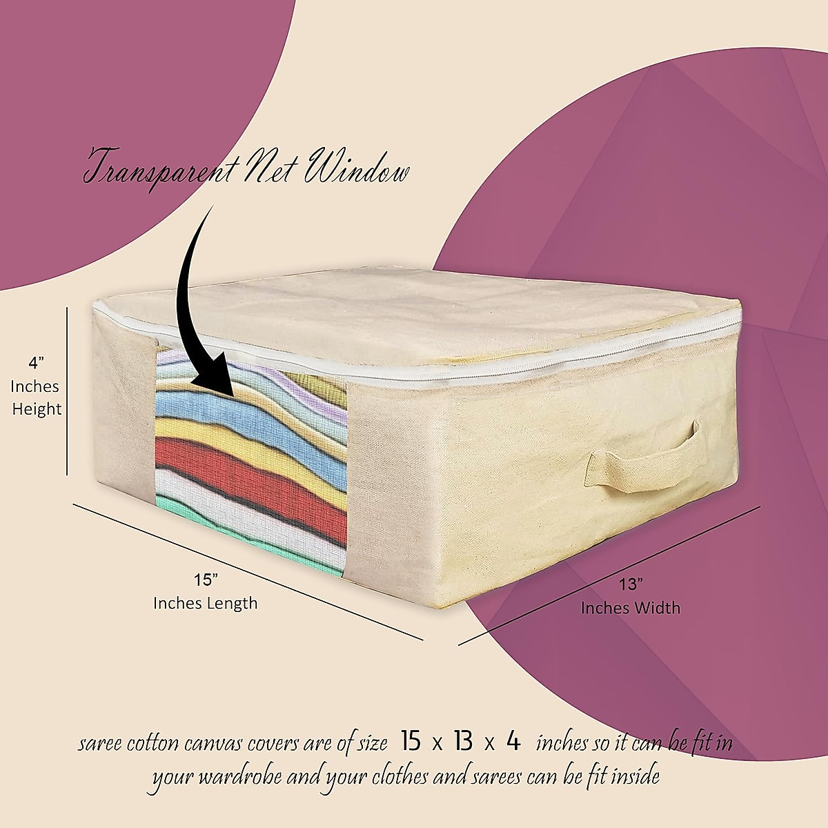 Cotton Canvas Storage Bag - Saree Covers with Zip | Canvas Saree/Garment Storage Bag for Woman Dresses, Sarees, Lehengas, Clothes (CANVAS STORAGE BAG, PACK OF 3 (15x13x9))