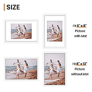 upsimples 8x12 Picture Frame Set of 3, Made of High Definition Glass for 6x8 with Mat or 8x12 Without Mat, Wall Mounting Photo Frames, White