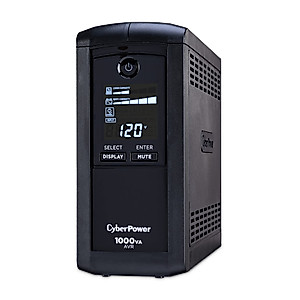 CyberPower CP1000AVRLCD Intelligent LCD UPS System, 1000VA/600W, 9 Outlets, AVR, Mini-Tower, Black
