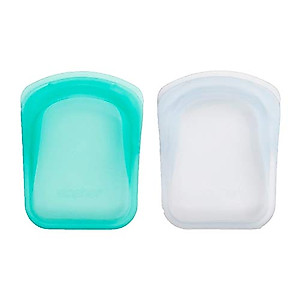 Stasher Re-Usable Food-Grade Platinum Silicone Pocket Bag for Eating from/Storing in/Organising/Travelling, 8.25 x 12.05 cm, Set of 2, Clear and Aqua