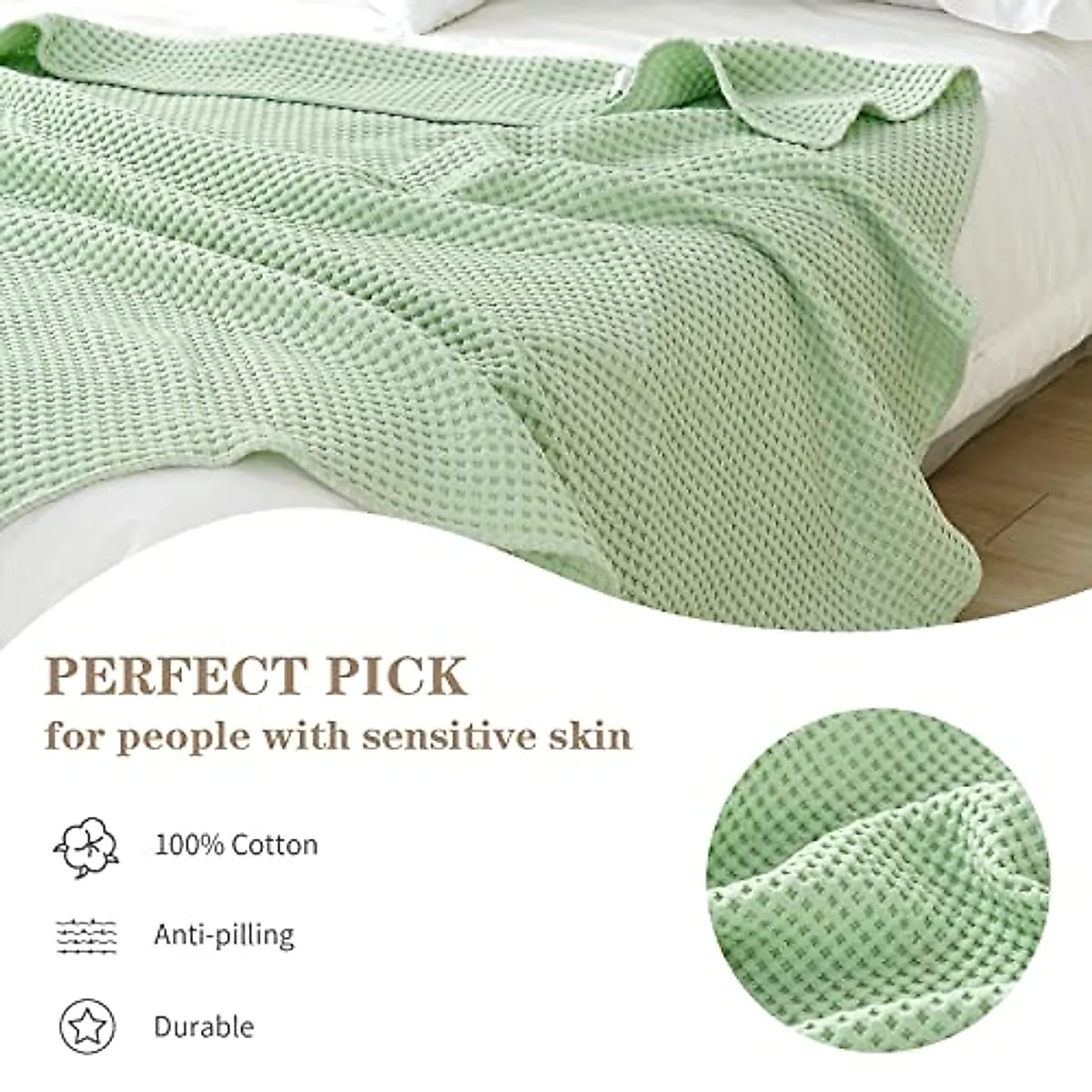 NATUREFIELD Waffle Weave Throw Blanket, 70" x 50" 100% Cotton Lightweight and Breathable Bed Throw, Soft and Comfortable Throw Blanket for Bed Couch Sofa All Season, Vintage Washed, Sage Green