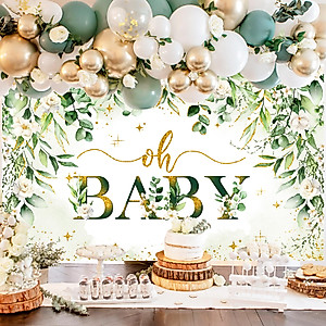 Avezano Greenery Boy Baby Shower Decorations Banner Floral Green Sage Oh Baby Backdrop Gold Glitter Greenery Leaves Gender Neutral Baby Shower Decorations 70.8 x 43.3 Inch