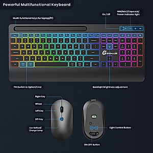GEODMAER Wireless Keyboard and Mouse Combo with Phone Holder, Wrist Rest, Silent Rechargeable Backlit Full Size Ergonomic Keyboard and Mouse Wireless, Light Up Keyboard and Mouse for PC Mac
