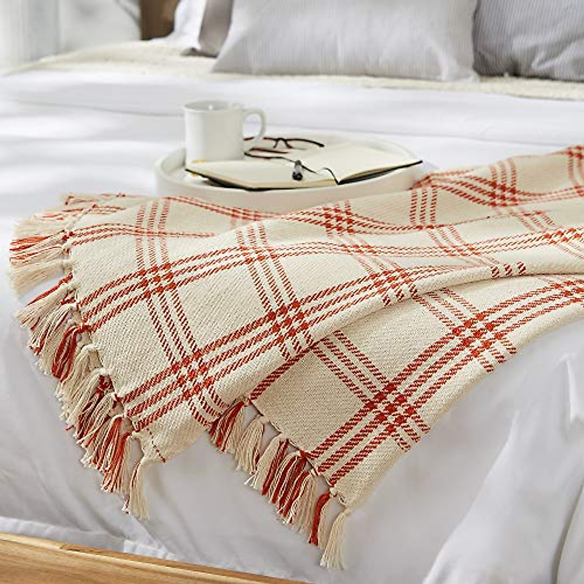 DII Modern Farmhouse Plaid Collection Cotton Fringe Throw Blanket, 50x60, White/Vintage Red