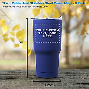 Personalized 17 oz. Rubberized Stainless Steel Travel Mugs - 6 Pack - Custom Text, Logo - Blue