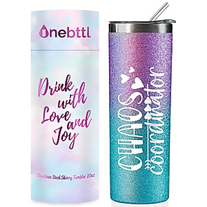 Onebttl Boss Lady Gifts for Women, Chaos Coordinator Tumbler for Boss, Secretary, Manager, Coworkers, Stainless Steel Skinny Tumbler 20oz with Lid and Straw, Glitter Blue & Purple