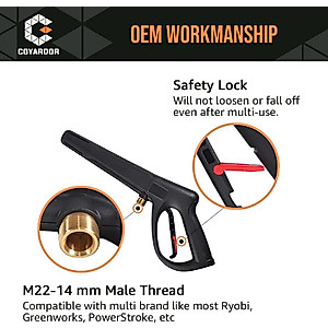coyardor Pressure Washer Gun with Extension Wand & 5 Spray Nozzle Tips, M22-14mm & M22-15mm Fitting Replacement for Ryobi, Karcher, Powerstroke, Greenworks, Husky, Raptor Blast, Electric Power Washer