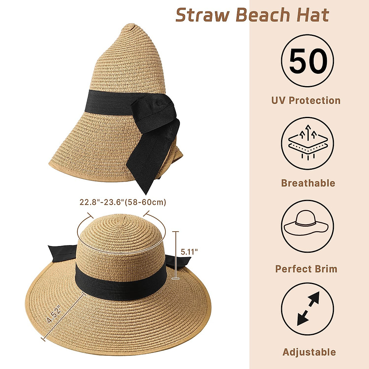 DOFOWORK Women's Sun Hat - Khaki UPF 50+, Packable, Wide Brim Straw Hat for Beach, Travel, Cruise, Honeymoon - Adjustable