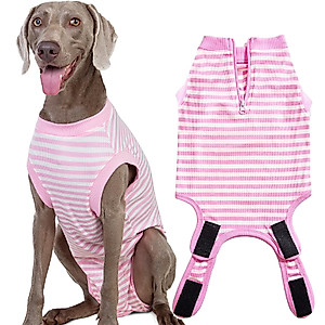Wabdhally Dog Surgery Recovery Suit for Female Spay,Surgical Suit for Large Female Dogs Labrador,Soft Combed Cotton,Striped Pink Zipper Onesie XXL