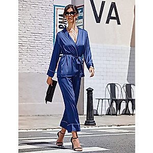 Ekouaer Satin Pajamas Set Long Sleeve Sleepwear for Women Silky Nightwear V-Neck PJS Set 2 Piece Lounge Sets Silk PJ