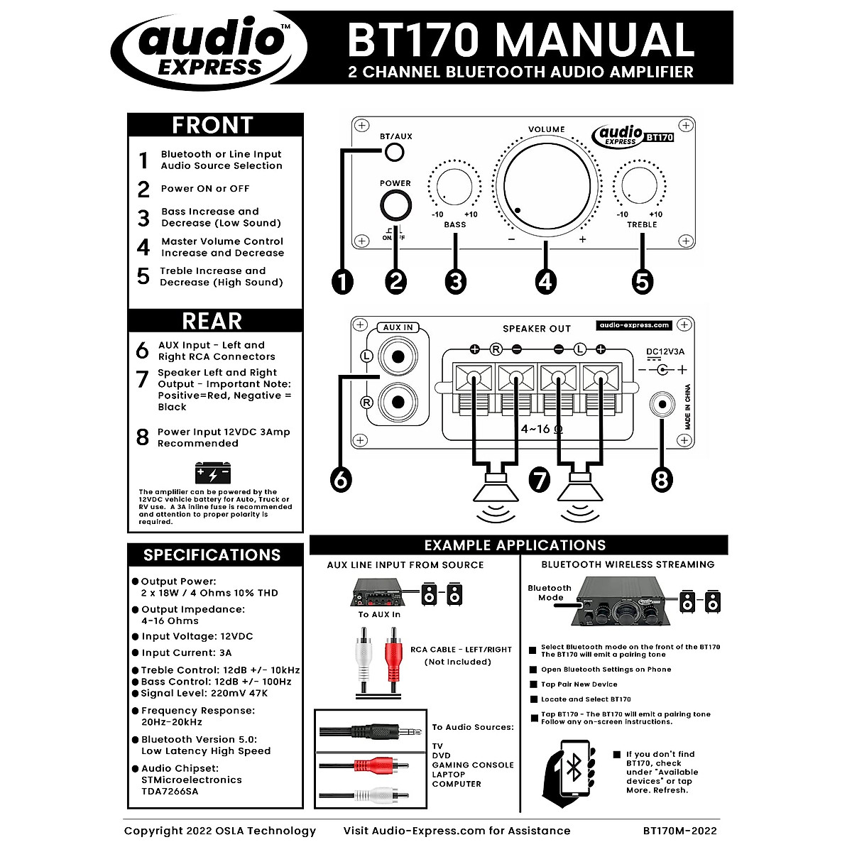 Audio Express BT170 Mini 40 Watt Digital Bluetooth Audio Amplifier Includes 12VDC Power Supply