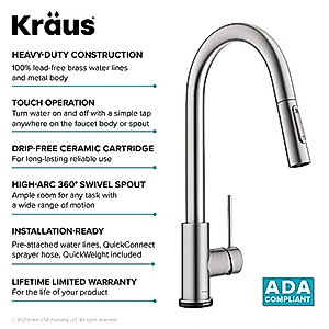 Kraus KTF-3104SFS Oletto Contemporary Single-Handle Touch Kitchen Sink Faucet with Pull Down Sprayer, 16 5/8 Inch, Spot Free Stain
