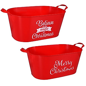 LSM Christmas Sentiment Oval Buckets, Plastic Basket with Handles Decorative Storage Drink Cooler Party Beverages Candies Vegetable Toys Bucket for Kitchen & Cabinet Organizer Set of 2 with Oggetto