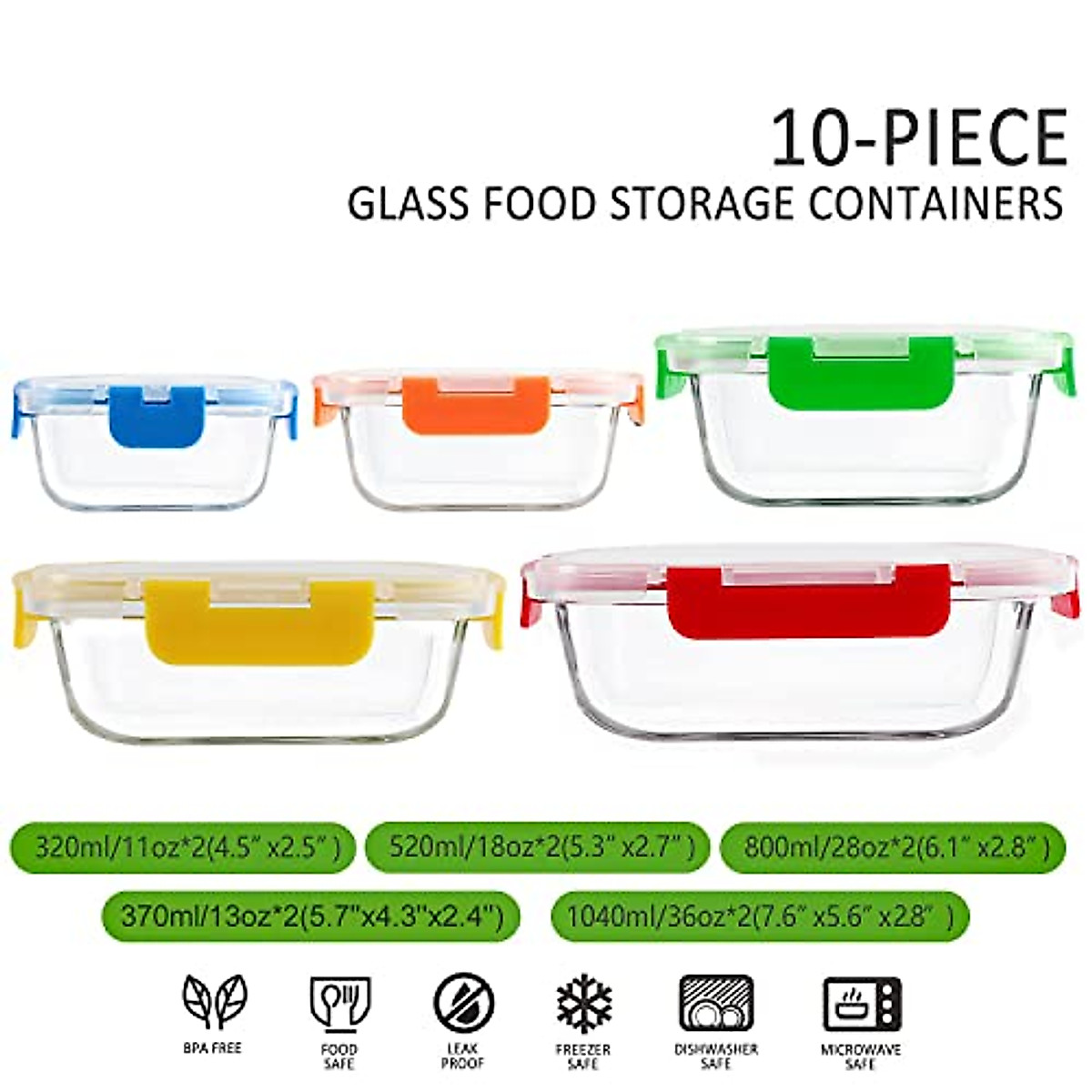 M MCIRCO 20 Pieces Glass Food Storage Container with Lids, Airtight Glass Lunch Containers,No Leaking Glass Meal Prep Container,Microwave, Oven, Freezer and Dishwasher Friendly
